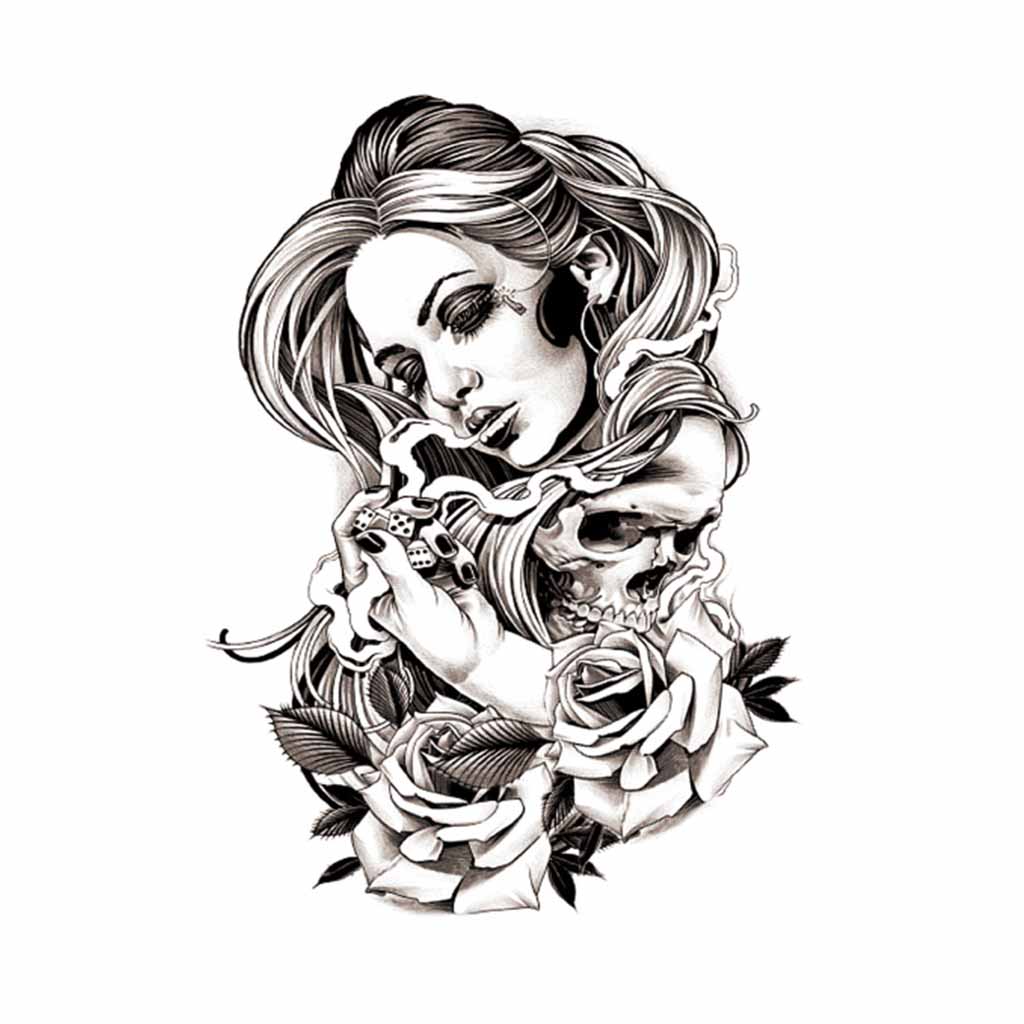 Realistic temporary tattoo - Pin up, roses and skull | SKINDESIGNED