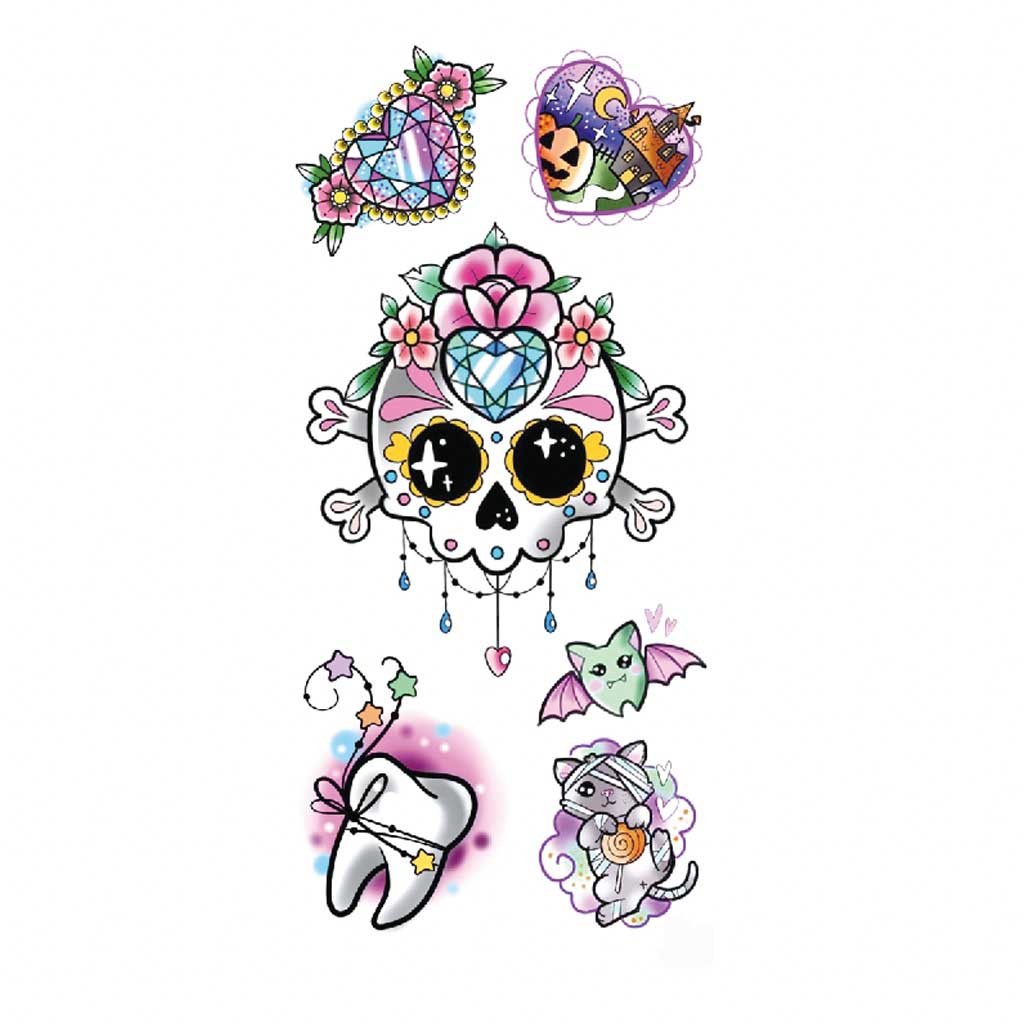 Ephemeral Tattoo - Cute Pack | Skull, Tooth, Cat, Hearts | Fake tattoo