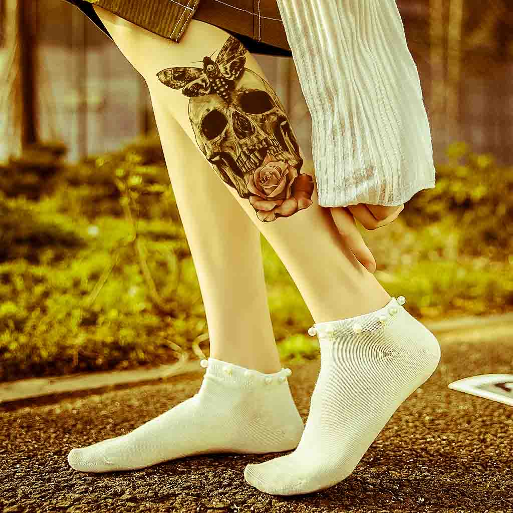 Ephemeral Tattoo - Skull, Pink and Butterfly - Temporary Tattoo